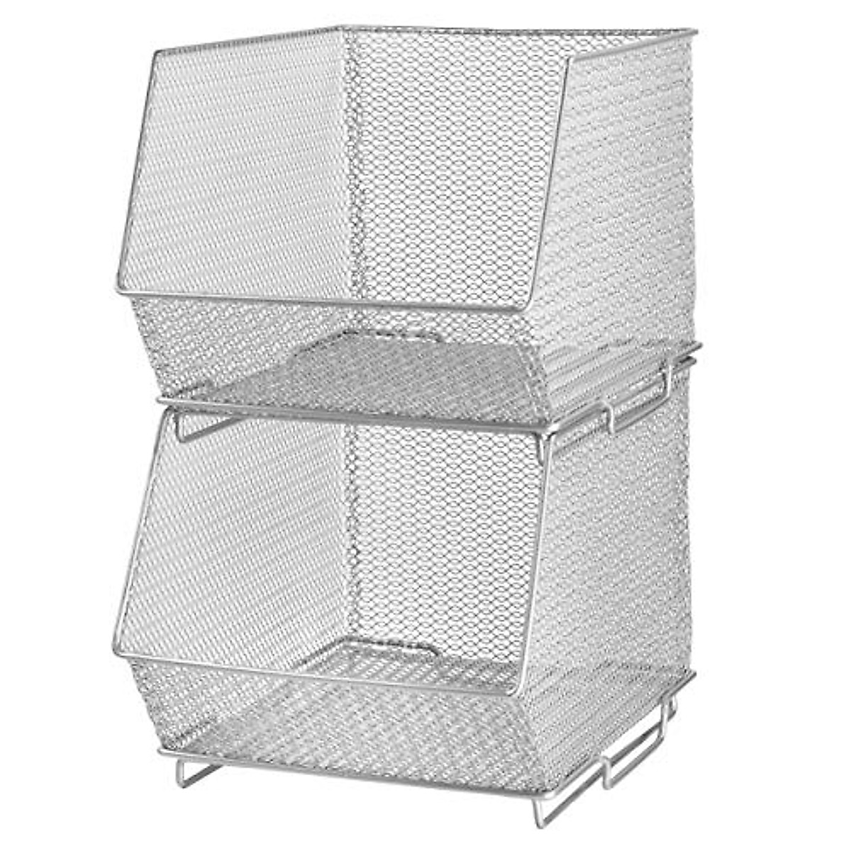 YBM HOME Mesh Stacking Bin Storage Containers for Kitchen Pantry, Cabinet and Shelves, Metal Wire Basket Rack for Fruits and Veggies, Crafts, Toys & Cleaning Items - 2-Pack, Medium 10x8.5x8 Silver