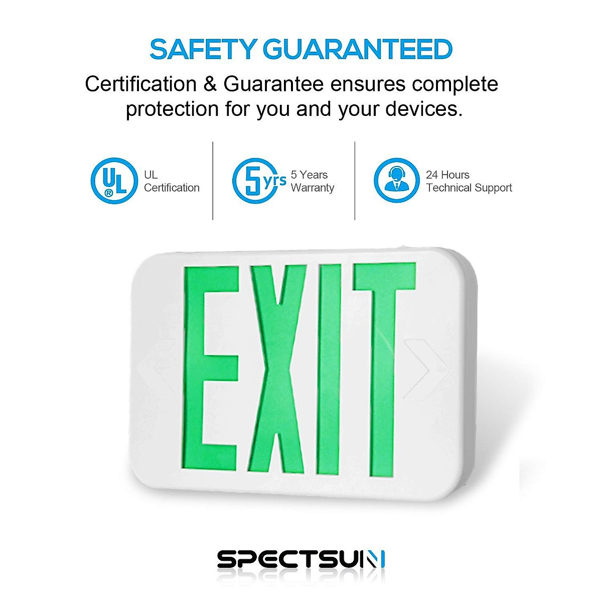 SPECTSUN 1PACK LED Exit Sign with Battery Backup, Green Exit Light,Hardwired Exit Sign, 120V/277V Exit Sign with Arrow,UL Exit Sign Lighting, Commercial Egress Light,2 sided Fire Exit Sign Plastic