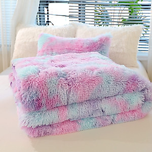 DYcolor Plush Shaggy Duvet Cover Set, 3 Pieces Colorful Comforter Cover Ultra Soft Warm Fuzzy Bedding Set with Pillowcases, Luxury Velvet Fluffy Bedding Sets for Bedroom (Lilac Purple, Queen)