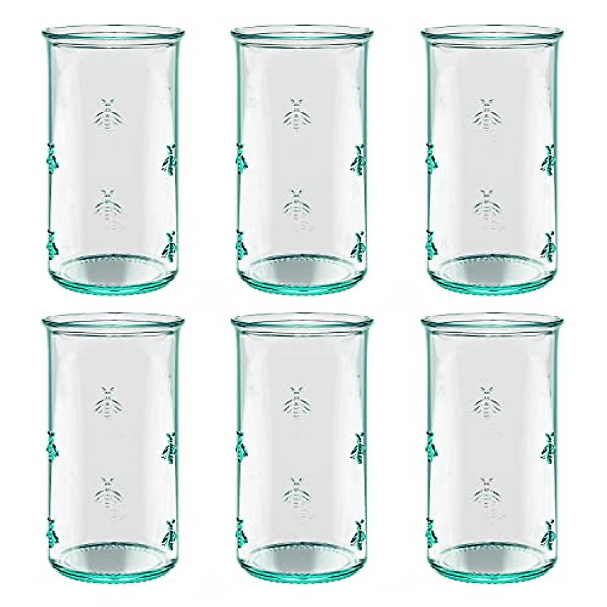 Amici Home Regina Hiball Glass | 18 Oz | Italian Made, Recycled Green Glass | Drinking Glass with Embossed Bee Design for Water, Juice, Iced Tea, Cocktails (Set of 6)