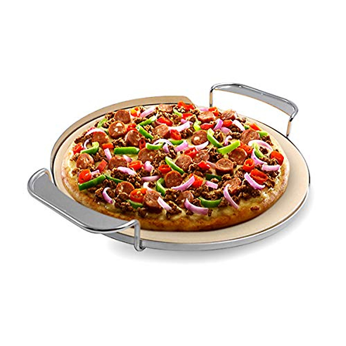 Skyflame Round Ceramic Pizza Baking Stone with Metal Handle Rack Compatible With Weber 8836 Gourmet BBQ System, Charcoal Grill, Smoke Grill, Gas Grill, BGE, Kamado Joe, Pizza Oven