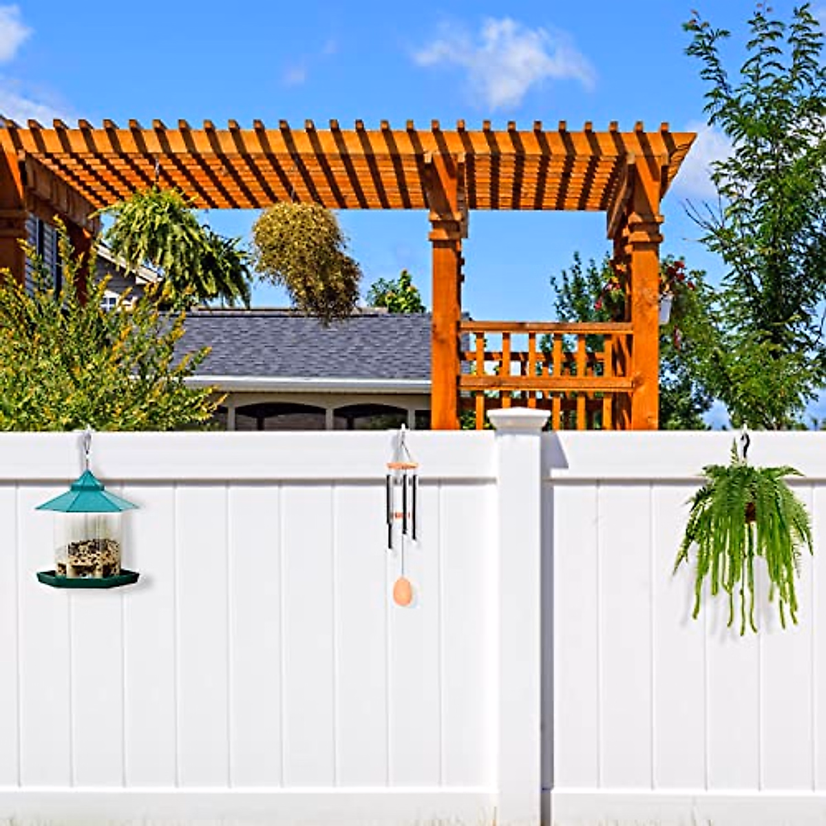 LiteViso Vinyl Fence Hooks, 4 Pack 5 x 10 Inches Over Fence Hanger Durable White Patio Hangers Powder Coated Steel Fence Hanger for Hanging Plants Bird Feeders,Lights,Hanging Basket,Pool Tools