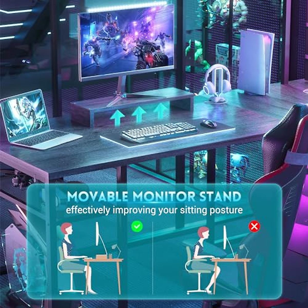 Besiost L Shaped Gaming Desk with Power Outlets, 59" Reversible L Shaped LED Computer Desk with Monitor Stand & Storage Shelf, Corner Gamer Desk Home Office Desk with Storage Bag, Black Oak