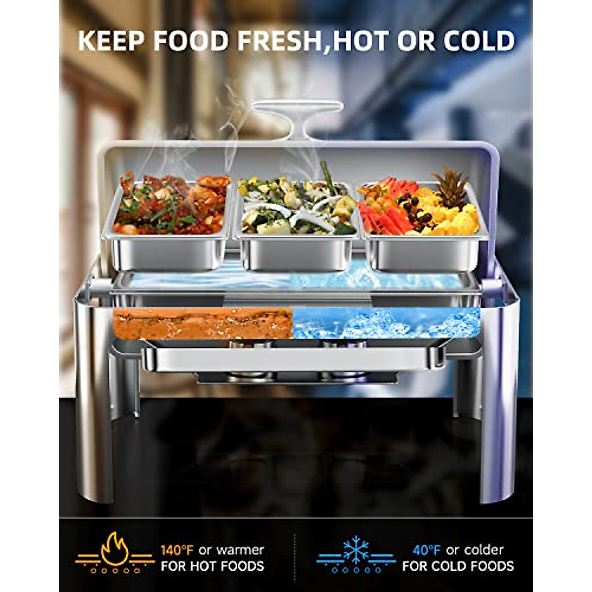 Halamine Roll Top Chafing Dish Buffet Set, 9 Qt Stainless Steel Catering Chafer Server with 3 1/3 Size Pans Rectangle Catering Warmer Server for Wedding, Parties, Banquet, Catering Events, Graduation