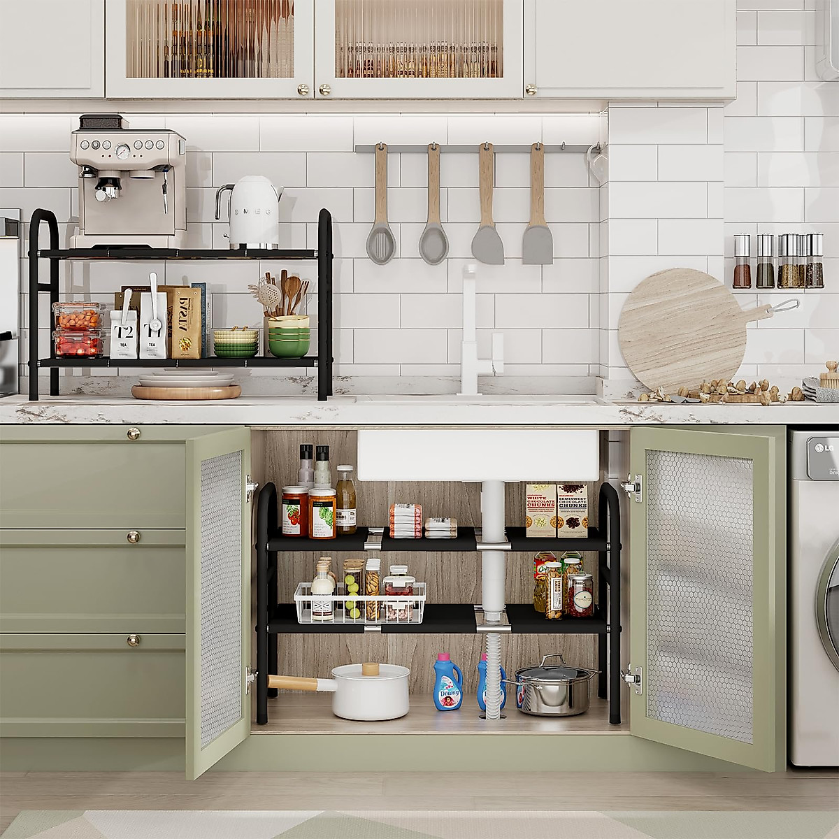 WonCherry Expandable Under Sink Organizers, 2-Tier Kitchen Bathroom Cabinet Storage Counter Shelf, Shoe Storage Rack with 8 Removable Plastic Boards for Kitchen, Bathroom, Pantry, Entryway, Closet