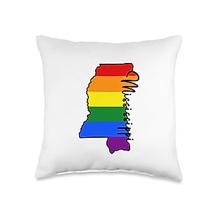 Mississippi Map USA State Rainbow Pride Flag Mississippi Map USA State Rainbow Flag Pride Month Throw Pillow, 16x16, Multicolor