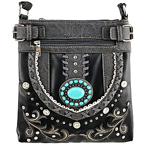 Justin West Tooled Gleaming Turquoise Stone Floral Laser Cut Rhinestone Messenger Bag Purse with Long Cross Body Strap (Black Pewter)
