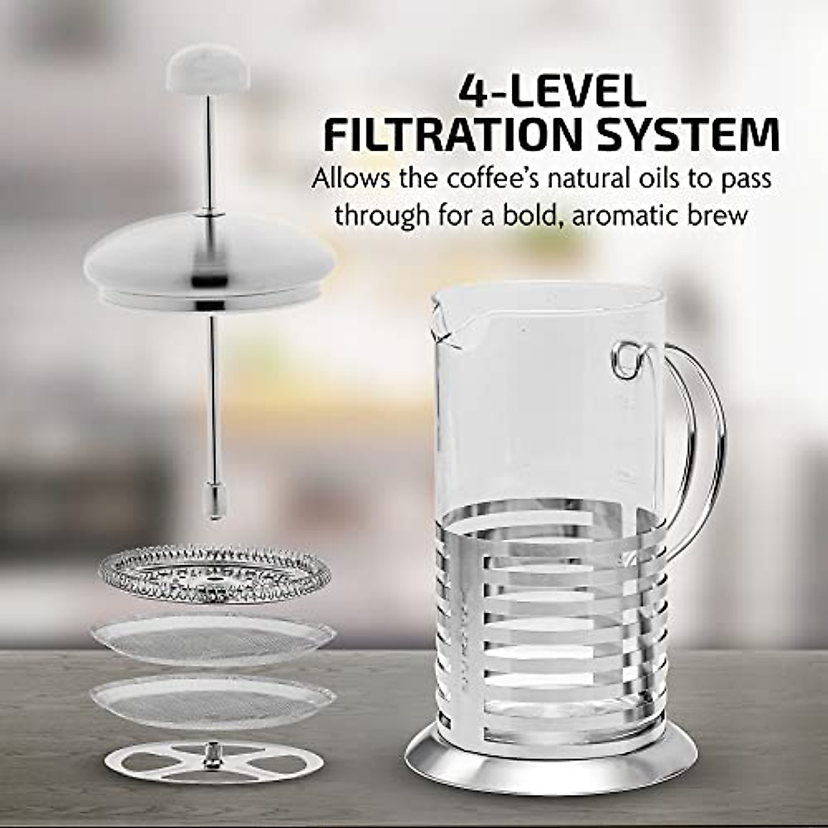 OVENTE French Press Carafe Coffee & Tea Maker 20 Ounce, 4 Filter Stainless Steel Plunger System & Durable Borosilicate Heat Resistant Glass, Portable Easy Clean Pitcher with Free Scoop, Silver FSH20S