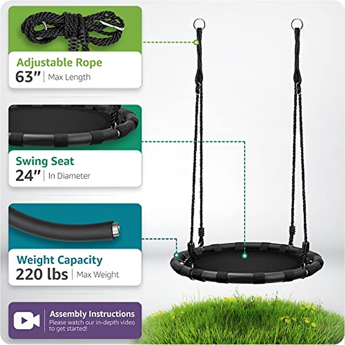 Sorbus Saucer Tree Swing - Kids Outdoor Disc Round Swing - 24" Heavy Duty 220lbs Seat - Easy Install Flying Saucer Web Circle Swing - Perfect for Gift, Playground, Backyard, Indoor/Outdoor Tire Swing