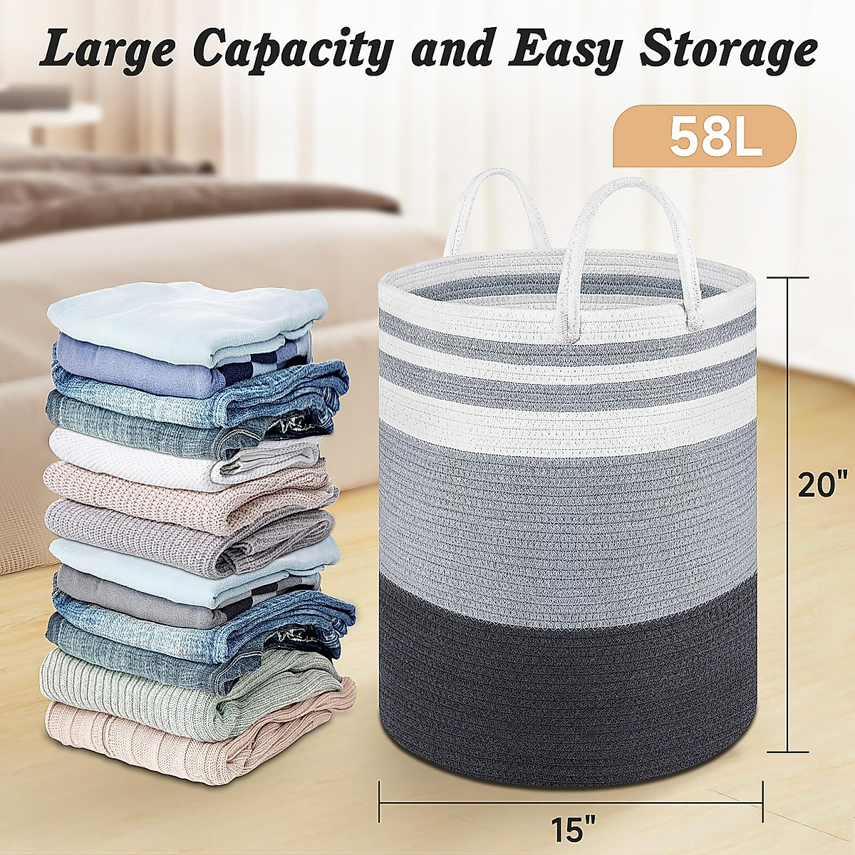 WOWBOX Cotton Rope Laundry Hamper, Large Laundry Basket, Dirty Clothes Storage Basket Laundry Bin for Blanket, Bedroom, Dorm, Towels, Toys (Grey, 58L)