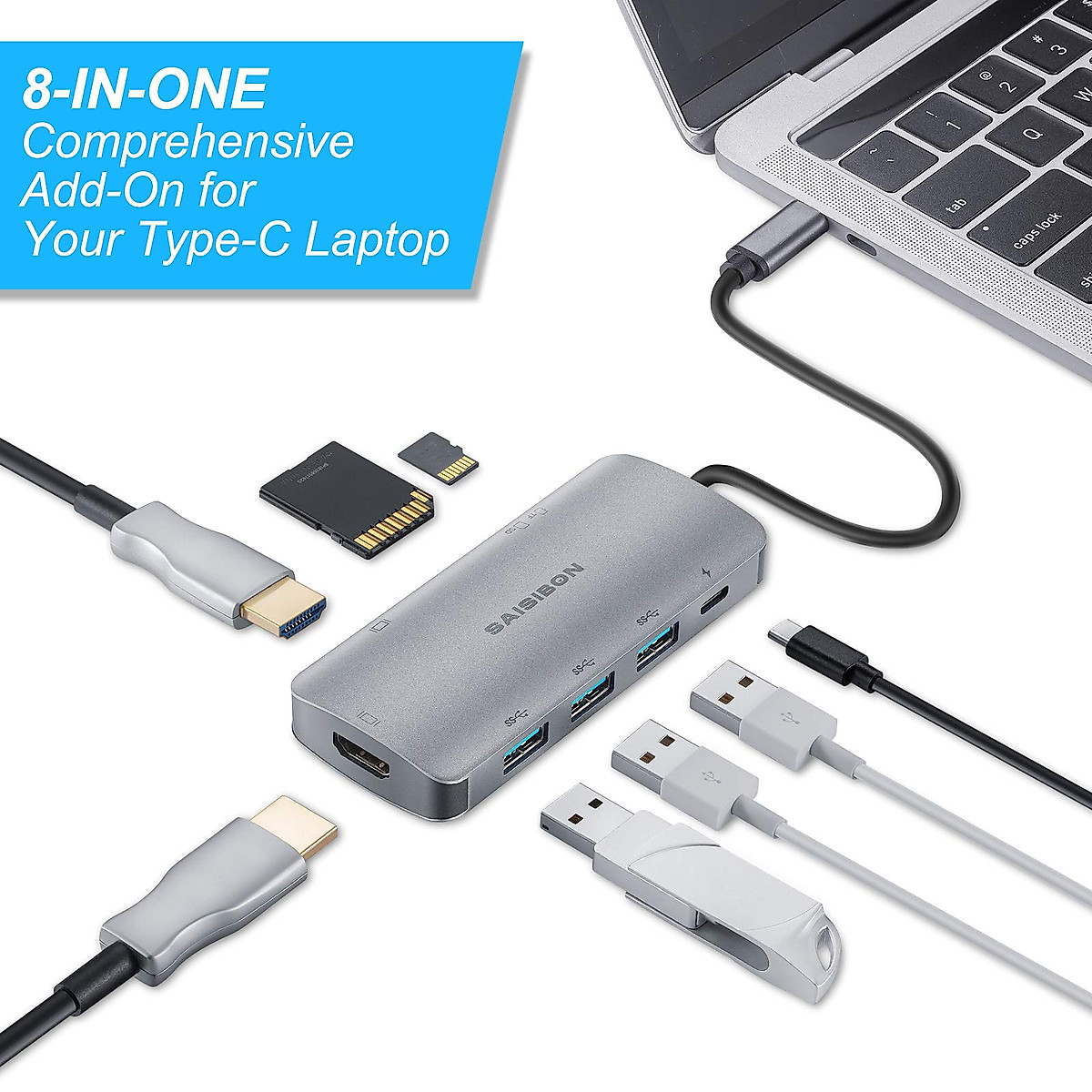 SAISIBON 8 in 1 Dual Monitor USB C Hub, Docking Station, 2 4K HDMI, 3 USB A 3.0 Ports, SD TF Card Reader, Support PD Fast Charging. Durable Aluminum Casing. Compatible with MacBook, Windows & More
