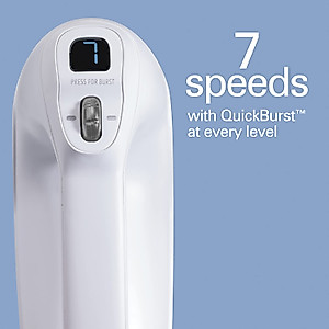 Hamilton Beach Professional 7-Speed Digital Electric Hand Mixer with High-Performance DC Motor, Slow Start, Snap-On Storage Case, SoftScrape Beaters, Whisk, Dough Hooks, White (62656)