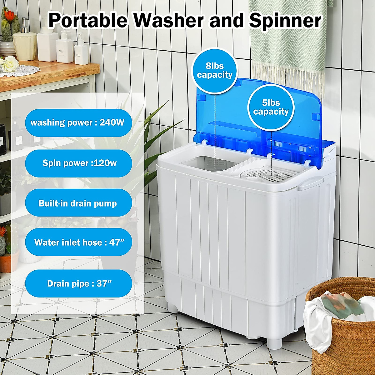 COSTWAY Portable Washing Machine, Semi-Automatic Twin Tub 13lbs Compact Washer and Spinner, Built-in Drain Pump, Control Knobs and Hose, Laundry washer for Apartment, RV, Blue