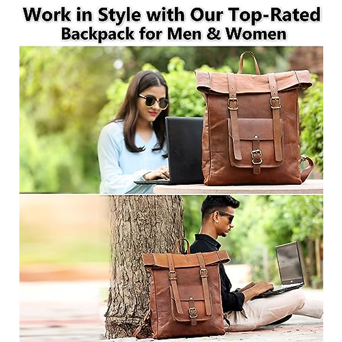 ANUENT Roll Top Leather Backpack for Men and Women Vintage Brown Large Laptop and Travel Bag Best Rucksack for Work, Adventure, and Business Leather Bookbag