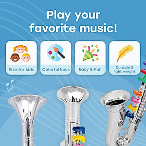 Set of 3 Kids Musical Instruments Toy Clarinet, Toy Saxophone and Toy Trumpet, 3 Wind and Brass Musical Instruments Combo with Over 10 Color Keys Coded Teaching Songs for Toddlers
