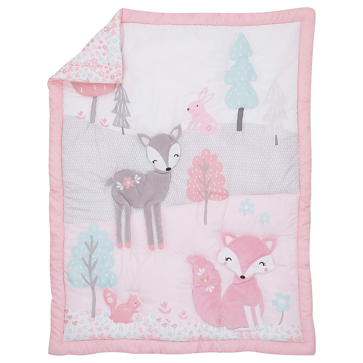NoJo Sweet Forest Friends - Pink, Aqua, Grey & White 4Piece Nursery Crib Bedding Set - Comforter, Fitted Crib Sheet, Dust Ruffle, Diaper Stacker, Pink, Aqua, Grey, White