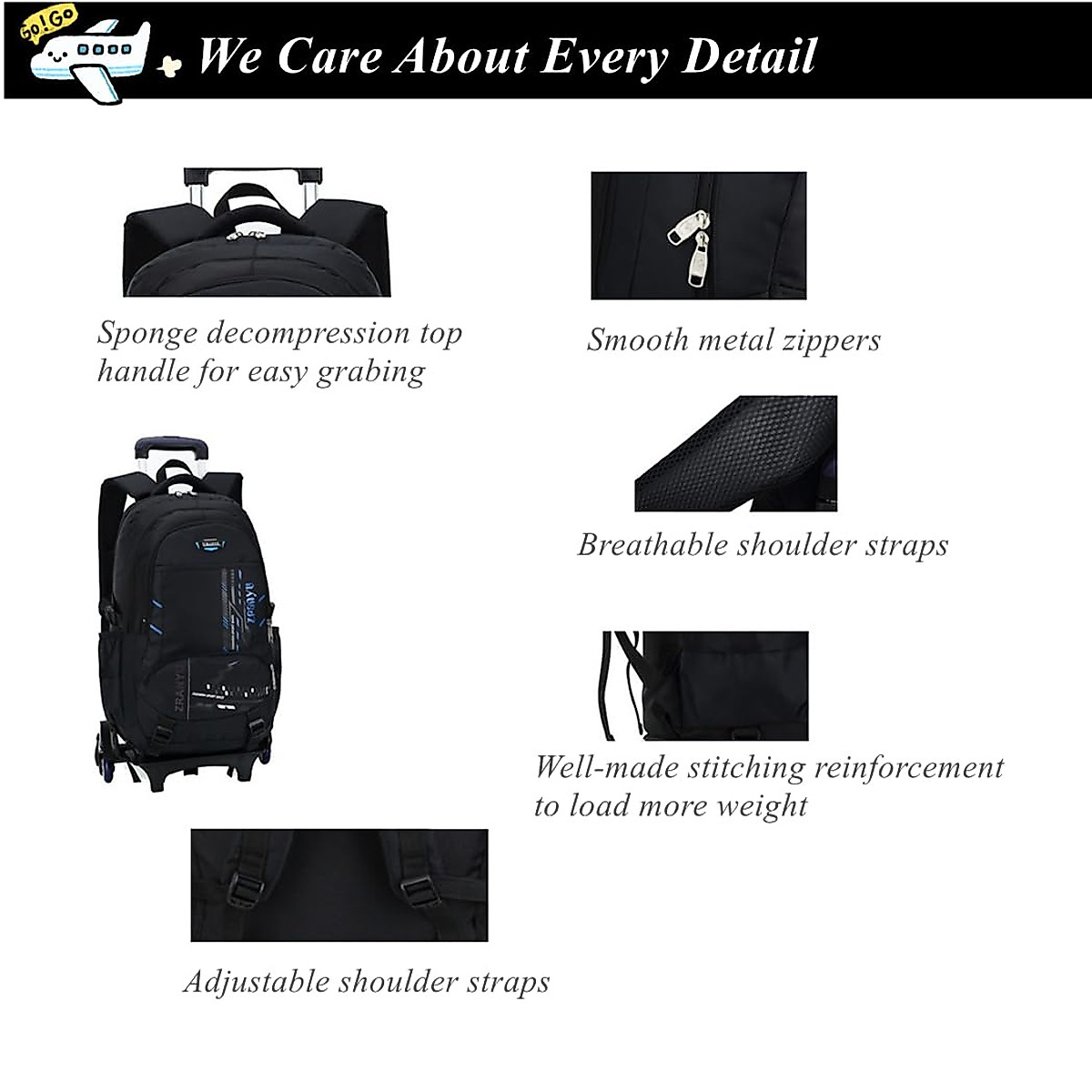 Teens Boys Middle High School Trolley Rolling Backpacks Capacity Wheeled Bookbag School Bags with Six Wheels