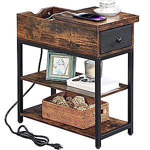 Yoobure End Table with Charging Station, Narrow Sofa Side Table with USB Ports & Outlets, Flip Top Nightstand with Drawer & 2 Storage Shelves End Table for Living Room/Bedroom/Bedside/Couch/Office