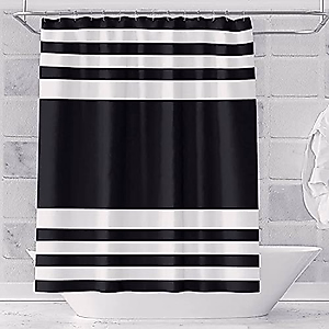 VEGA U Stripe Fabric Shower Curtain for Bathroom, Modern Bath Decor with Hooks, Hotel Quality, 72x72 Inch, Balck and White