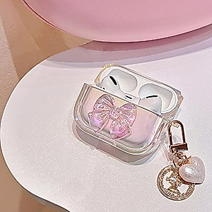 Ownest Compatible with AirPods Case Cute Clear Gradual Laser Bow Pattern Girls Woman Soft Silicone Shockproof Love Heart Keychain Design Cover for AirPods Pro-Transparent