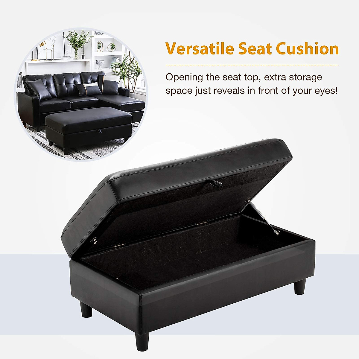 HONBAY Convertible Sectional Sofa with Ottoman Modern L Shape Couch Faux Leather Sectional Couch with Reversible Chaise, Black