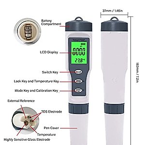 Water Quality Tester Tool, Temp PH Meter 3 in 1 Portable Auto Calibration Wide Test Range for Pool