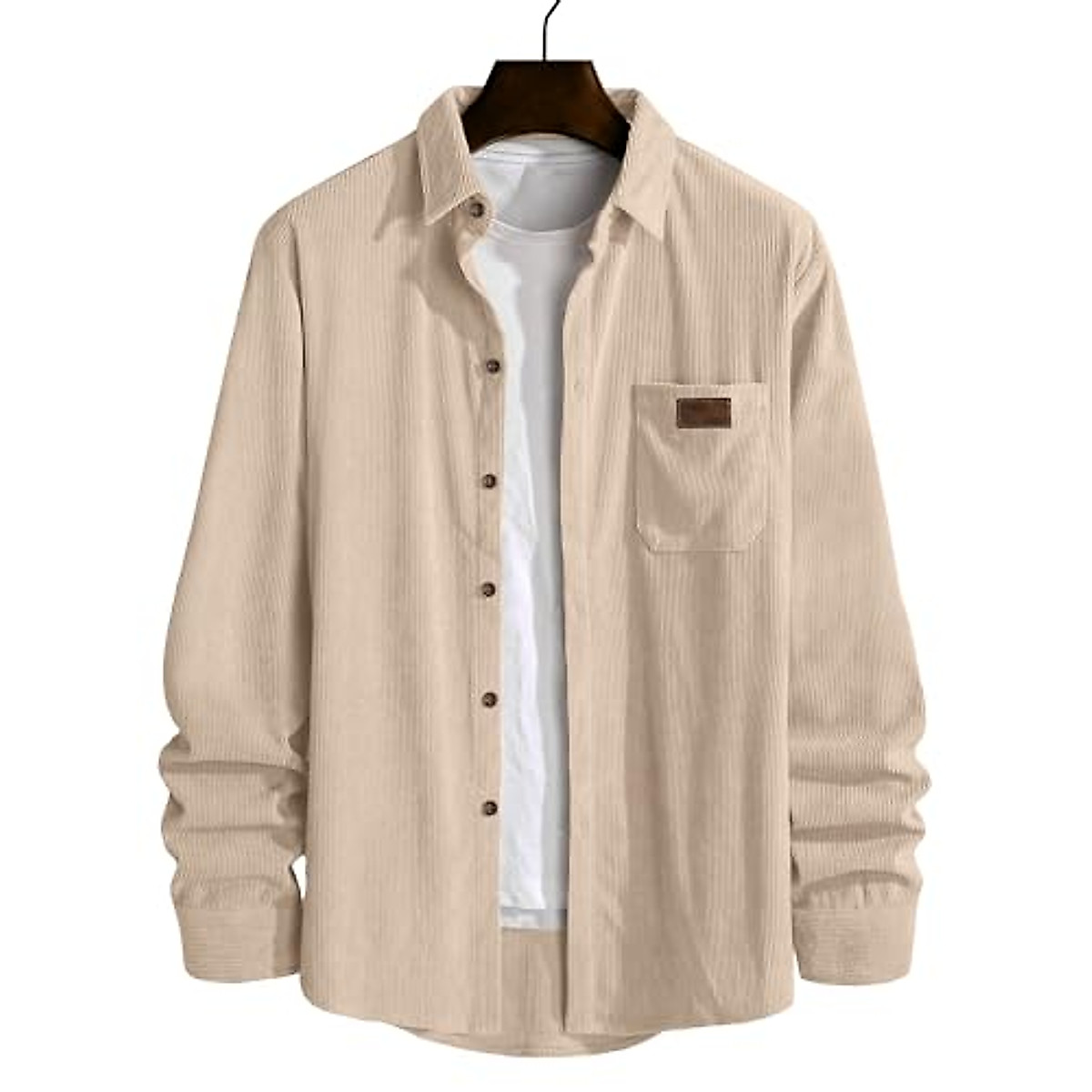 Comdecevis Men's Corduroy Button Down Shirt Casual Shirts Long Sleeve Shacket Jacket with Pocket Khaki Large