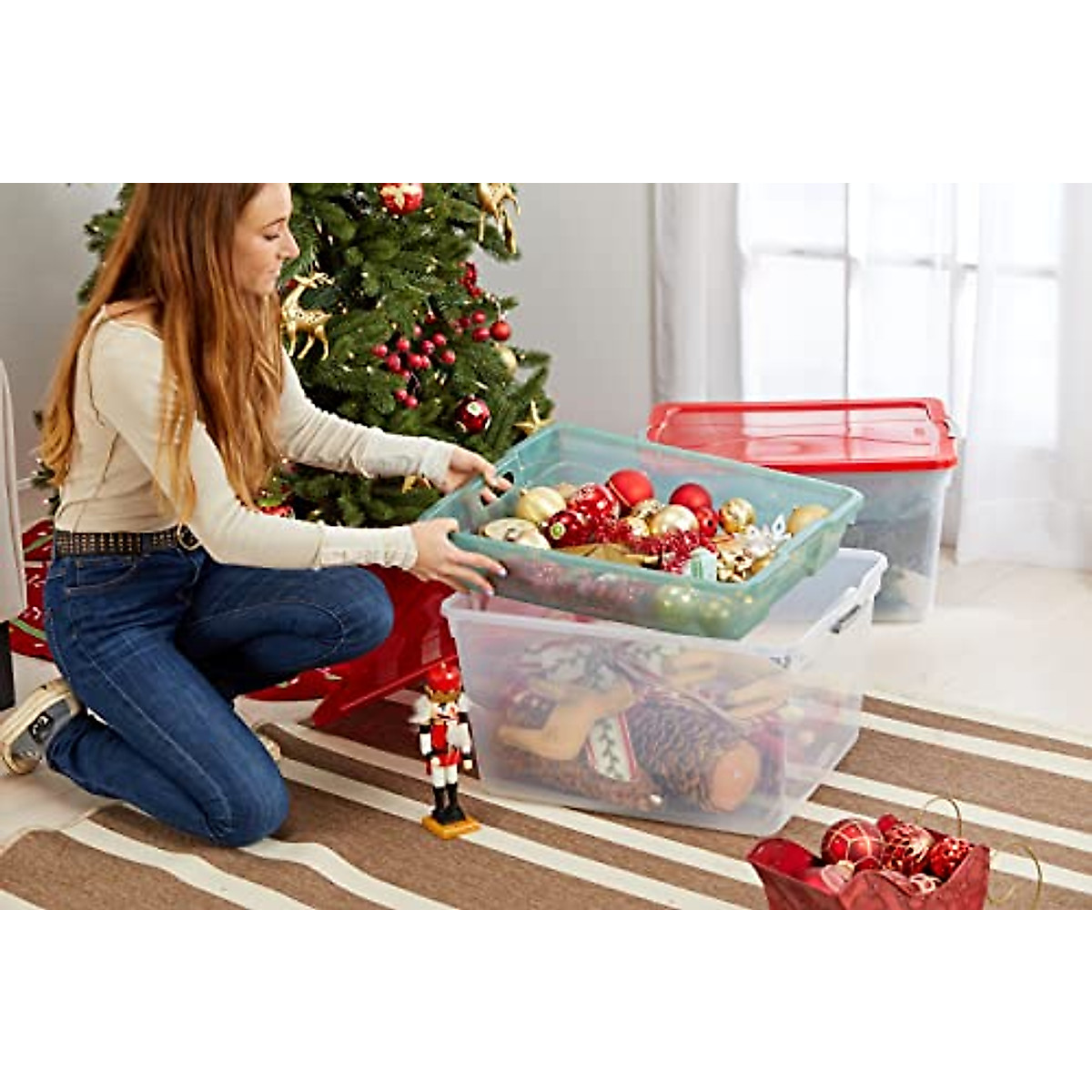 Rubbermaid Cleverstore Clear Holiday 71 Qt Bins with Tray Inserts, Built-In Handles to Maximize Storage, Great for Holiday Decor, Clear Base, Red Lid with Green Tray, Pack of 4
