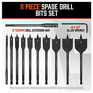 SEDY 11-Pieces Spade Drill Bit Set, Paddle Flat Bits with Extension for Woodworking, Industrial Grade Carbon Steel Black Coat, 1/4" to 1-1/2" with Storage Bag and Exquisite Packaging