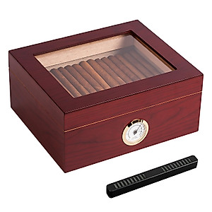 Somduy Cigar Humidor for 30-50 Cigars with Humidifier and Hygrometer,Desktop Cedar Wood Cigar Box Storage Case with Divider, Glass Top, Gift for Men,Reddish Brown