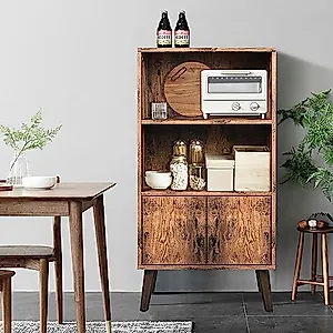 Wonder Comfort Wood 3-Tier Bookshelf with 1 Door and 2 Open Shelves, Mid-Century Rustic Brown Bookcase for Books and Decorations in Living Room Office Bedroom,24 W x 12 D x 47 H Inch