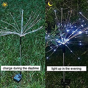 Rockabyee 2 Pack 120 Led Solar Firework Lights, 8 Modes Starburst Stake Lights, Outdoor Solar Garden Lights for Wedding Party Festival (Cool White)