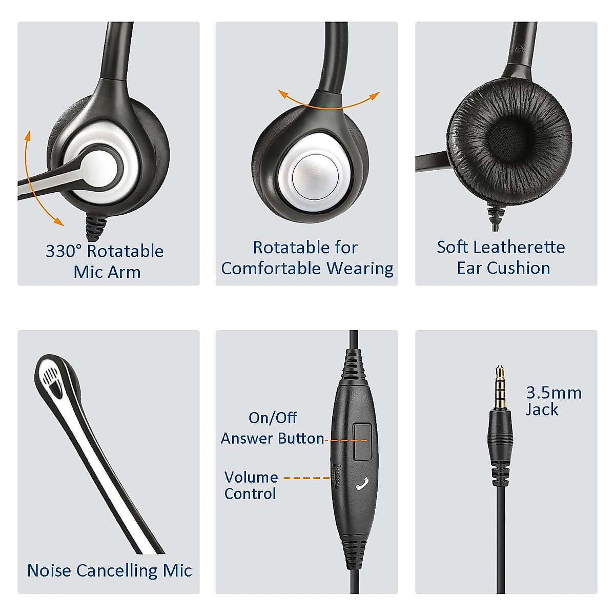 Cell Phone Headset with Microphone Noise Cancelling & Call Controls, 3.5mm Computer Headphones for iPhone Samsung PC Business Skype Softphone Call Center Office, Clear Chat, Ultra Comfort