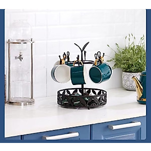 INMTIE Coffee Mug Holder Tree Stand for Bar Kitchen Counter Mug Tree with Storage Basket Multifunctional Coffee Cup Holder For Counter with 6 Hooks for Coffee Bar