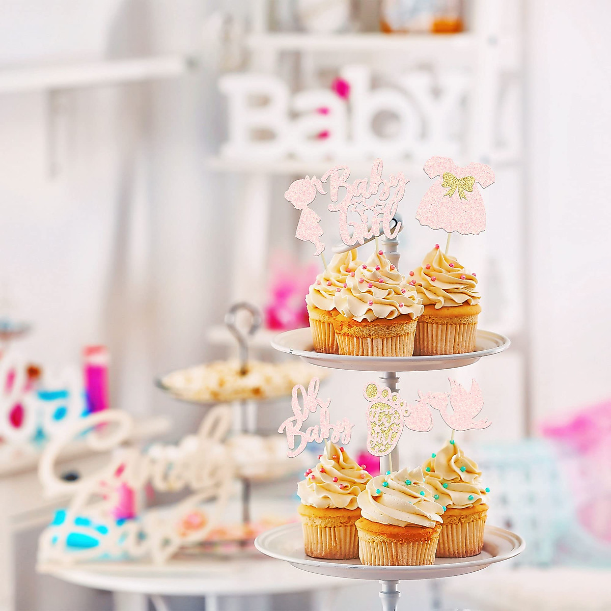 24Pcs Oh Baby Cupcake Toppers Baby Girl Cupcake Toppers with Bow Dress Footprint Swan Light Pink Glitter Babyshower Gender Reveal Cake Picks Decorations for Baby Shower Its a Girl Birthday Party