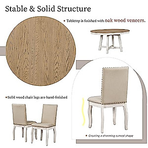 Dinehome 5-Piece Farmhouse Wooden Round Extendable Dining Table Set with 4 Upholstered Chairs, Oak Natural Wood + Antique White