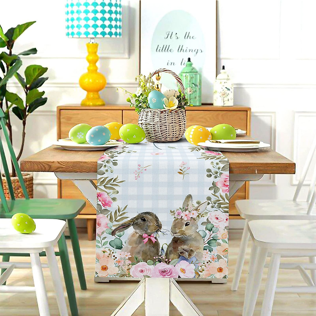 Rabbits Flowers Easter Table Runner,Cotton Linen, Eucalyptus Leaf Spring Summer Holiday Farmhouse Table Decorations for Home,Kitchen,Dining Room,Indoor,Outdoor,13 x 72 Inch, Grey White Buffalo Plaid