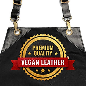 Under NY Sky Barista Apron - Black Leather Straps and Reinforcement - Riveted Pockets - Double Stiched - Leather Ring Loop - Professional Black Twill - Double as Half Bistro Apron - Chefs, Bartender