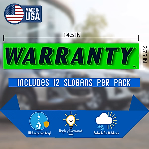 Versa Tags Windshield Slogan Stickers 12 Pack Each of ONE Owner, 3RD Row Seating, WE Finance, FINANCING Available, Warranty (60) Window Stickers Total Dealership Stickers Black On Green