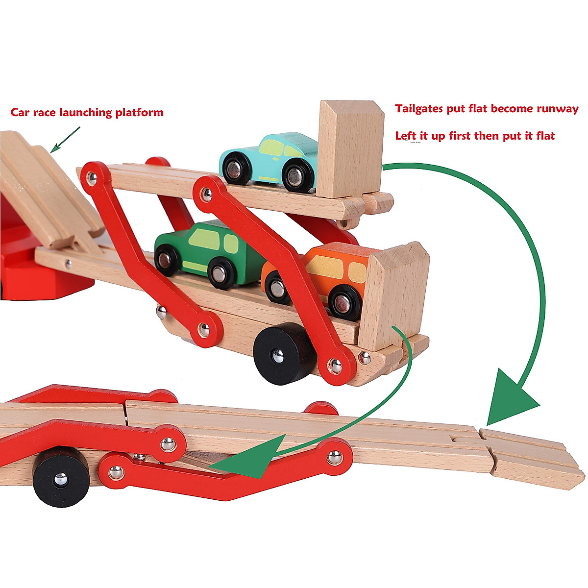 TOWO Wooden Car Transporter Toy Double Decker Trailer with 4 Cars ramp Racer - Wooden car Toy Truck Carrier for 3 Years Old Boys Vehicle Toys for Kids