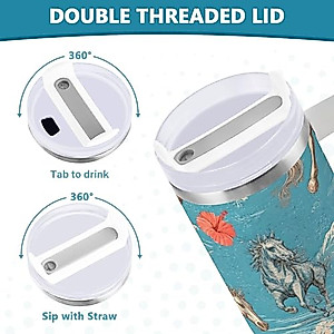 Burbuja Running Horses Hibiscus 40oz Insulated Tumblers with Handle and Straw Lid, Double Wall Stainless Steel Travel Mug Leak-Proof, BPA Free, Gift for Mom Dad