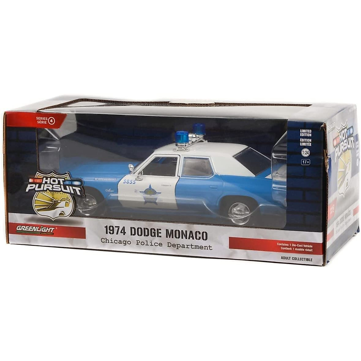 Greenlight 1974 Dodge Monaco Blue and White CPD Chicago Police Department (Illinois) Hot Pursuit Series 1/24 Diecast Model Car