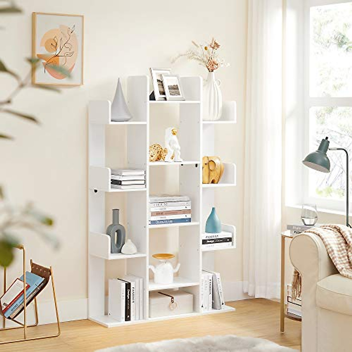 VASAGLE Bookshelf, Tree-Shaped Bookcase with 13 Storage Shelves, Rounded Corners, 9.8”D x 33.9”W x 55.1”H, White ULBC067W01