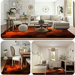 Fiery red Brown Burnt Orange Copper Black Abstract Geometric Shape Rug 5x7 Rug Area Rugs for Living Room Bedroom Aesthetic Dining Room Machine Washable Throw Rugs Carpet Indoor Non-Slip Floor Mat