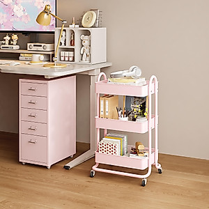 MIOCASA 3-Tier Metal Utility Rolling Cart, Heavy Duty Multifunction Cart with Lockable Casters, Easy to Assemble, Suitable for Office, Bathroom, Kitchen, Garden (Pink)