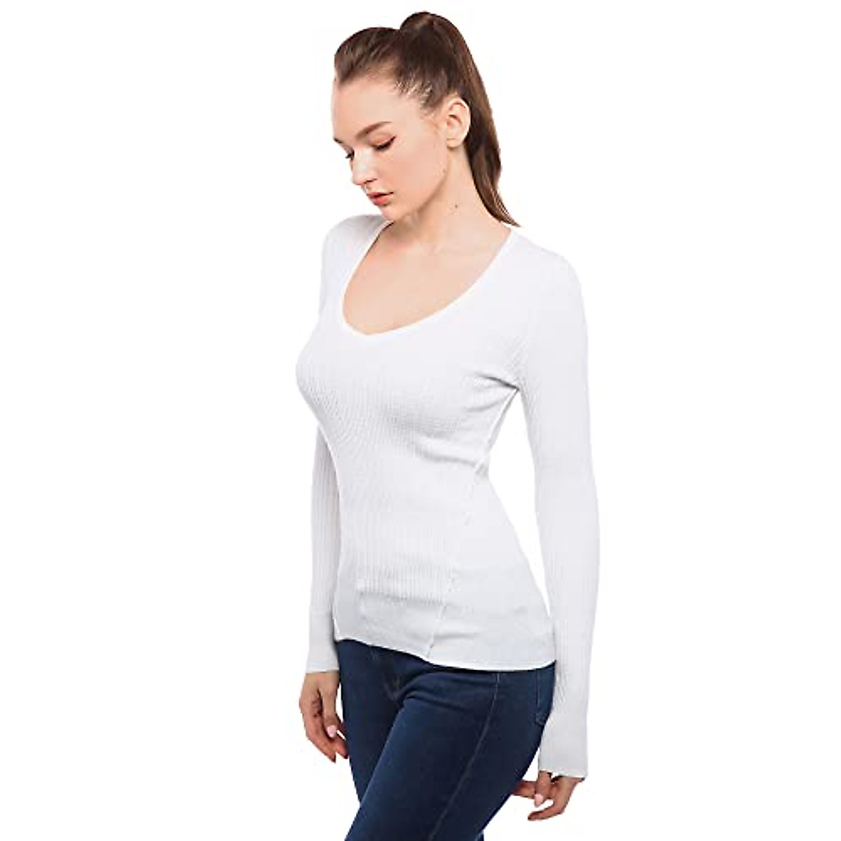 AmélieBoutik Women V Neck Long Sleeve Ribbed Pullover Knit Sweater Top (Ivory White Medium)
