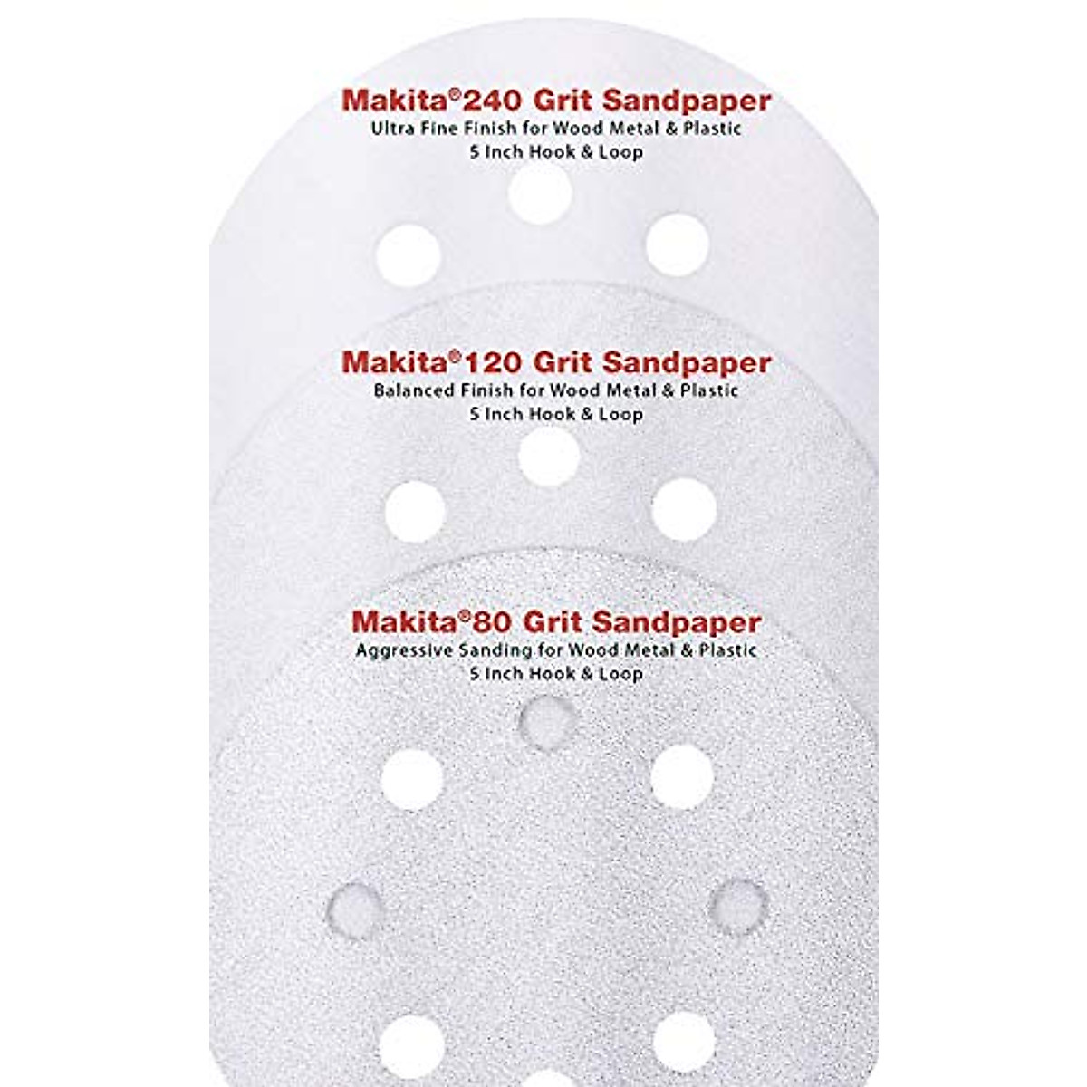 Makita 30 Piece - Multi Grit Sanding Disc Set For 5" Random Orbit Sanders - For Wood, Metal & Plastic - 80, 120 & 240 Grit | 8 Hole Hook-And-Loop Sandpaper
