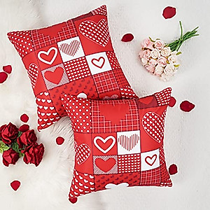 Valentine's Day Pillow Covers 18 x 18 Inch, Set of 2 Red Waterproof Throw Pillow Covers Outdoor, Love Heart Plaid Decorative Cushion Pillow Cases for Anniversary Couch Patio Furniture Bench Bed Sofa