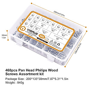 VIGRUE 460pcs Pan Head Philips Wood Screws, #4,#6,#8,#10,#12, 304 Stainless Steel Self Tapping Screw Assortment kit