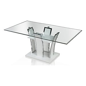 Benjara Wooden Dining Table with Pedestal Base and Chrome Trim Details, White
